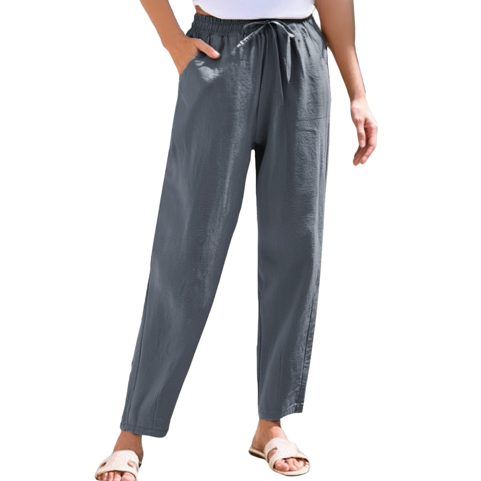 Difdany Cotton Linen Cropped Pants for Women High Waist Loose Wide Leg ...