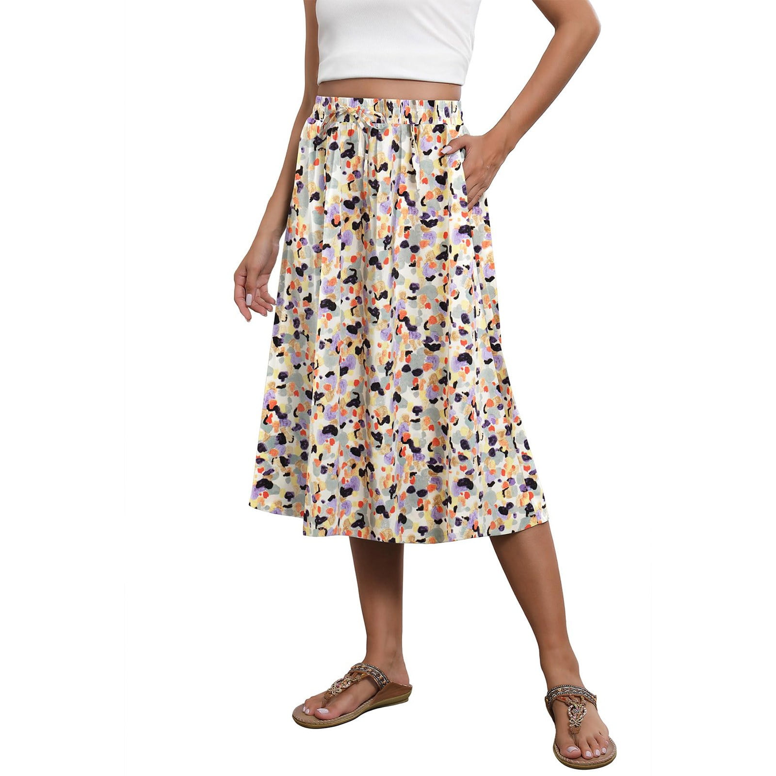 Difdany Women's Bohemian A-Line Elastic Waist Flowy Midi Skirt with ...