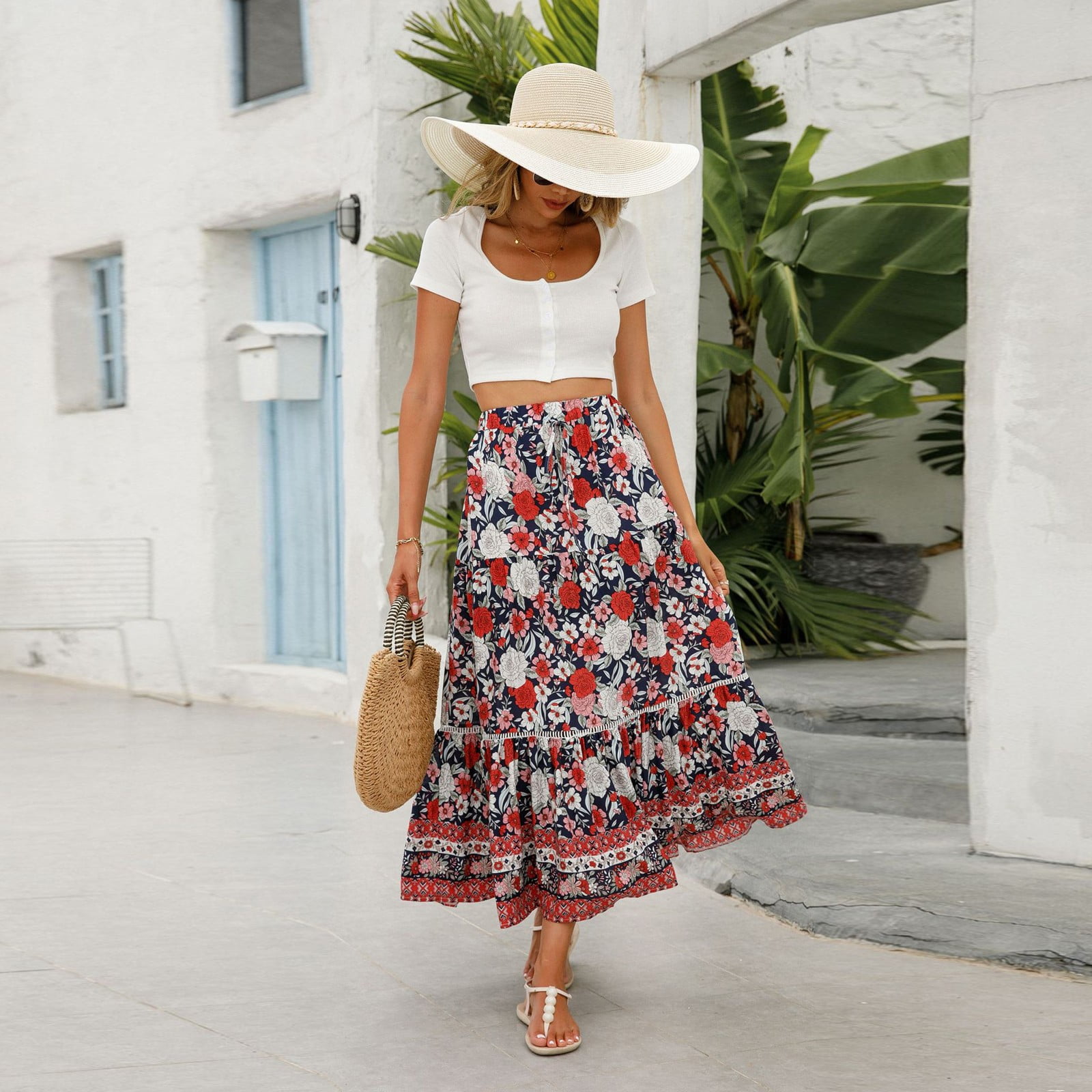 Difdany Maxi Skirts for Women 2025 High Waist Smocked Boho Floral A ...