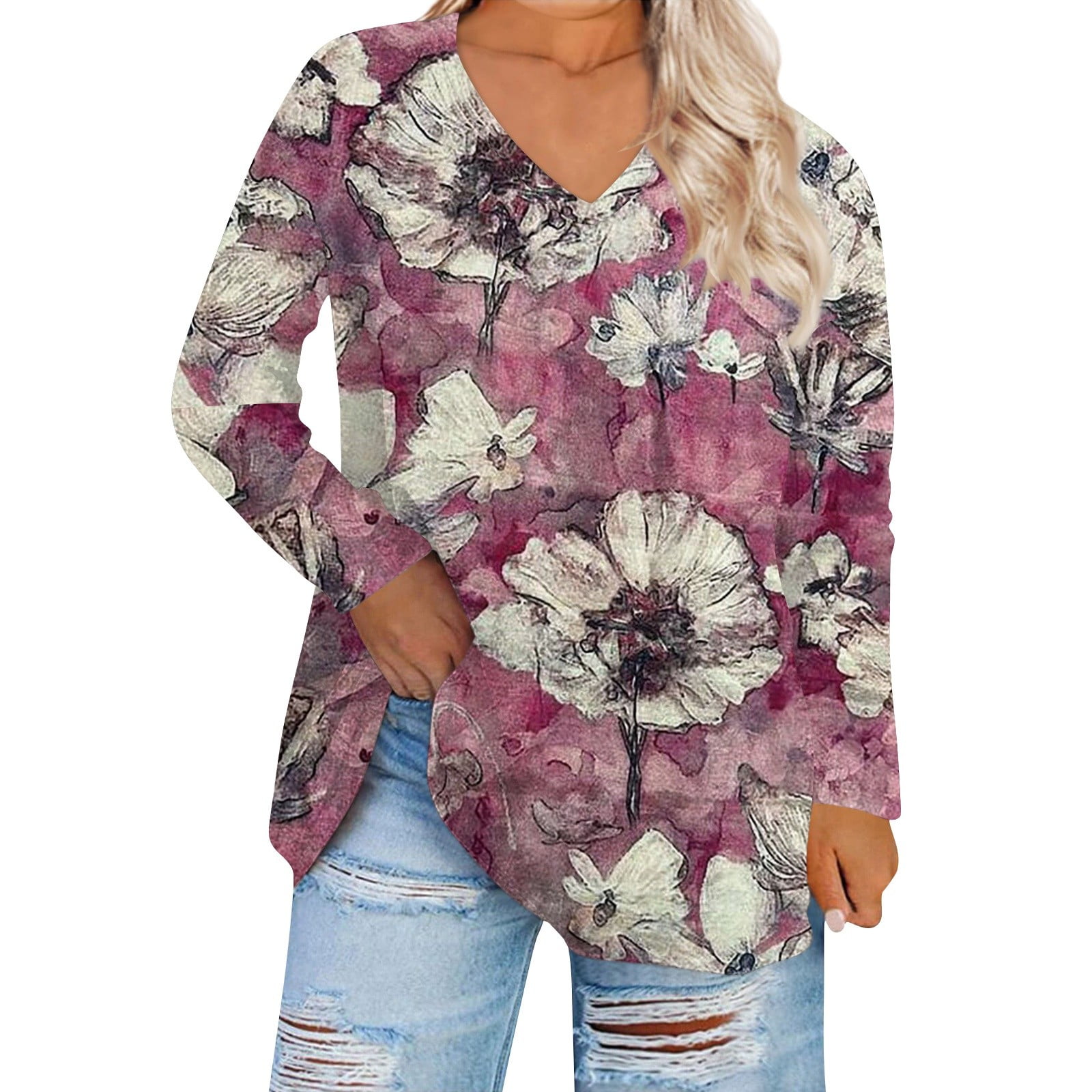 Difdany Plus Size Tops for Women 2024 Loose Fit Fashionable Long Sleeve ...