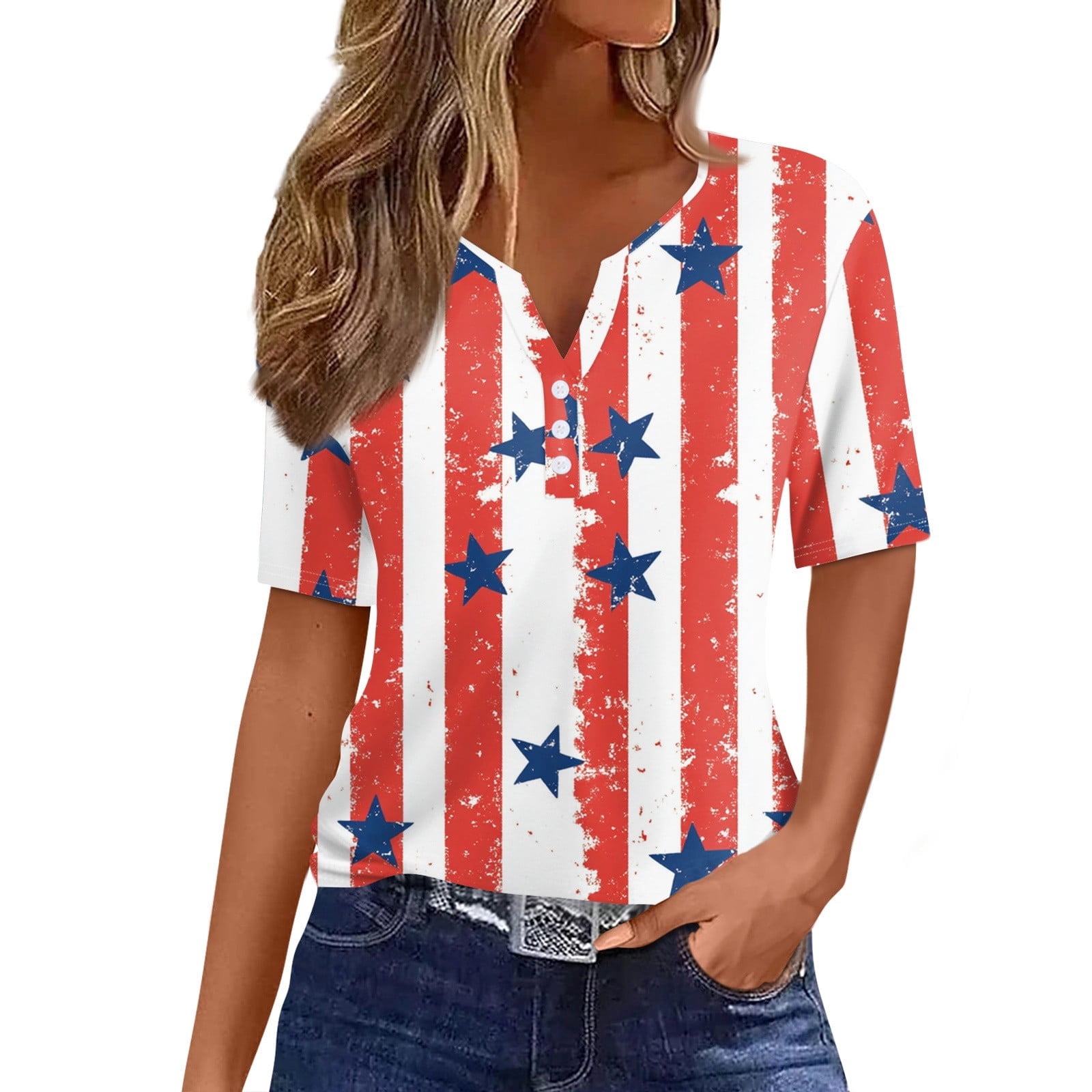 Difdany Red White and Blue 4th of July Tops for Women Summer 2025 ...