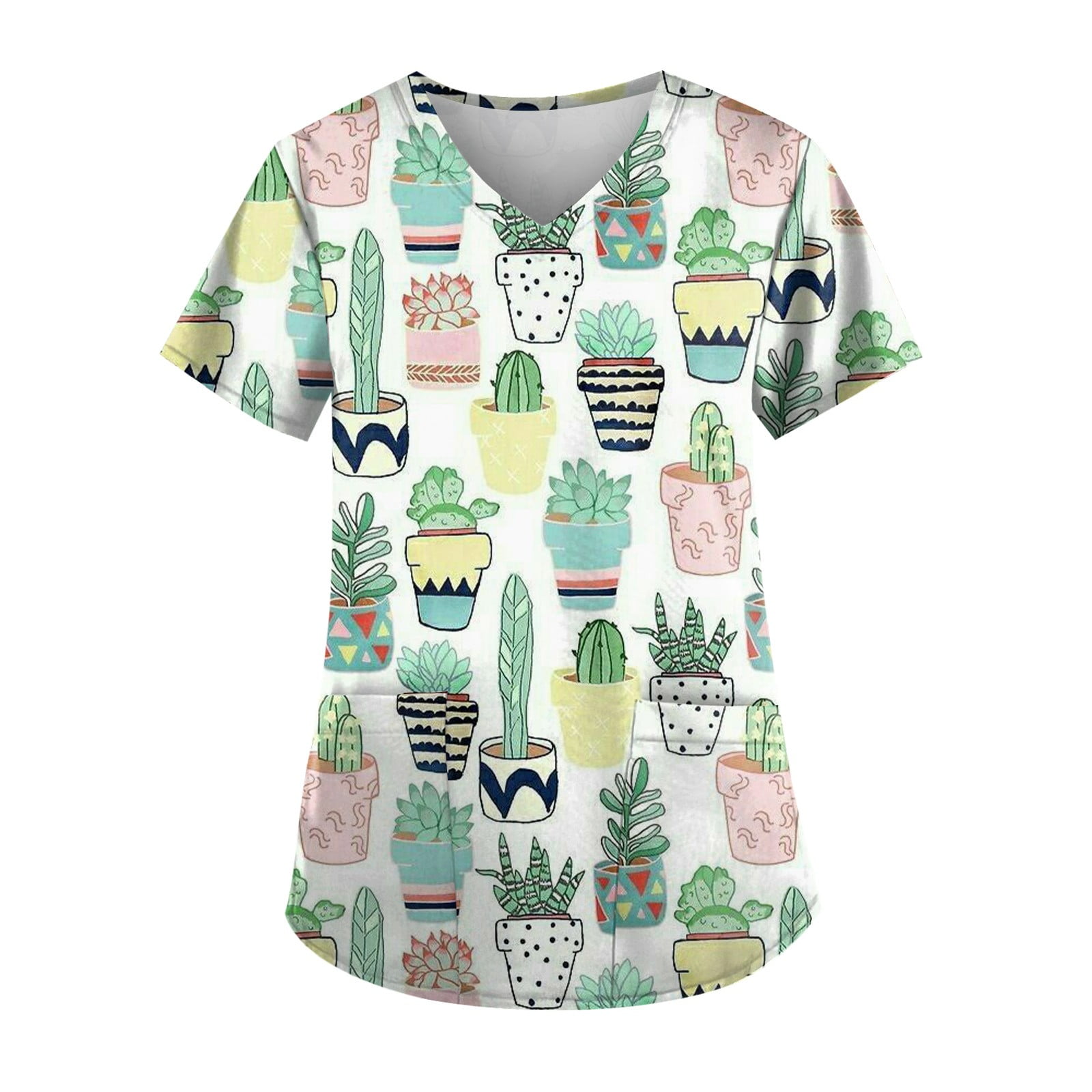 Difdany Scrub Tops Women Plus Size Scrub Shirts Print Short Sleeve V ...
