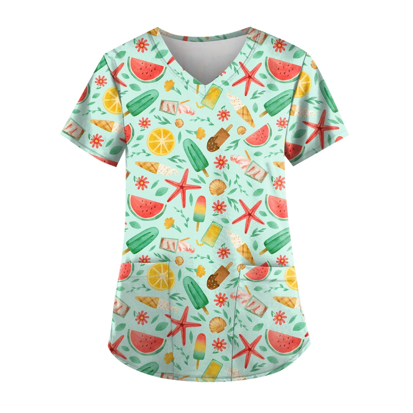 Difdany Scrub Tops Women Plus Size Scrub Shirts Print Short Sleeve V ...