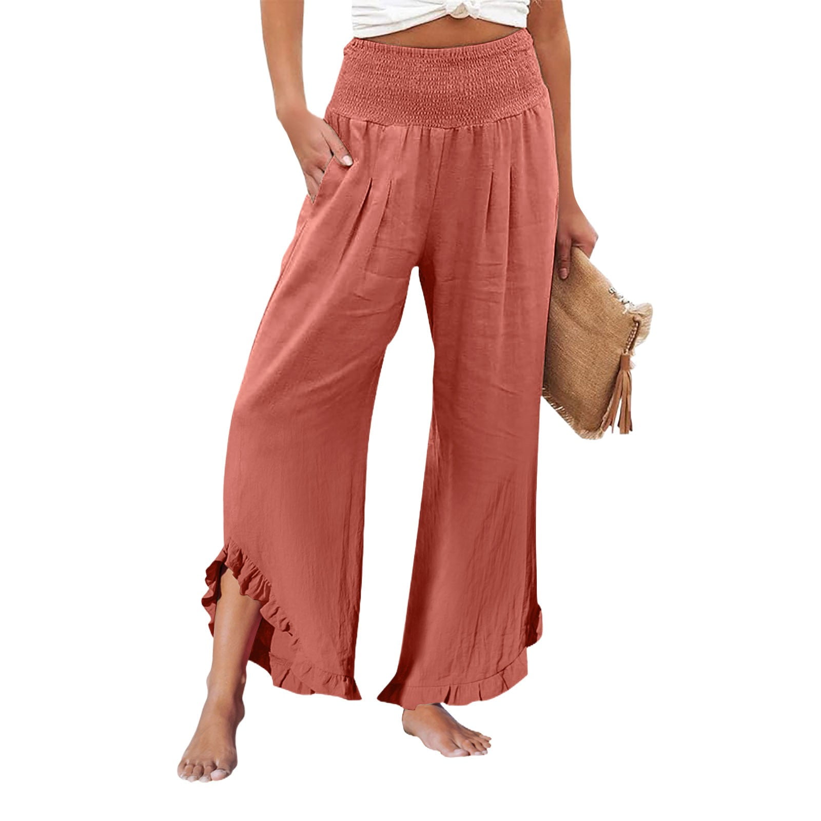 Difdany Palazzo Pants Women Dressy High Waisted Ruffle Hem Wide Leg ...