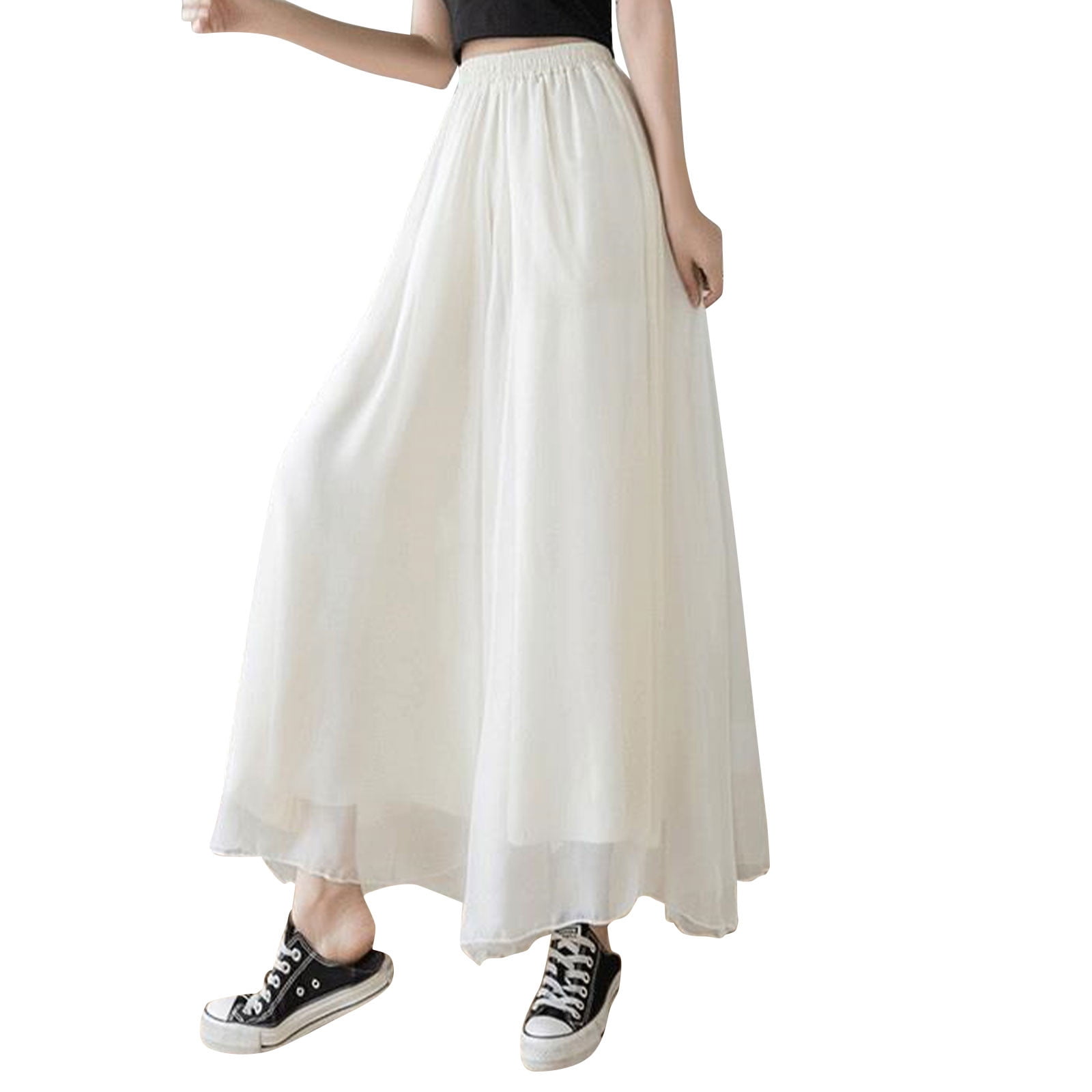 Difdany Womens Chiffon Wide Leg Pants Temperament Silky Chiffon Lined Wide Leg Skirt Pants
