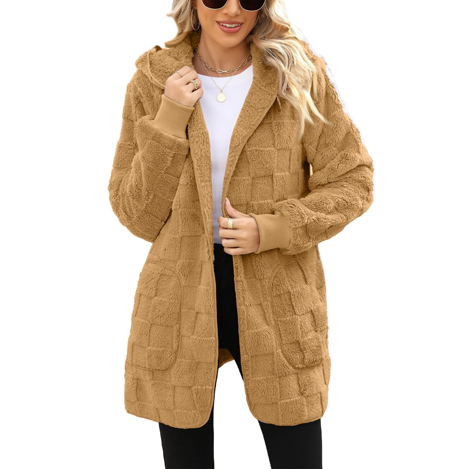 Difdany Women’s Faux Fur Hooded Cardigan 2024 Winter Open Front Sherpa ...