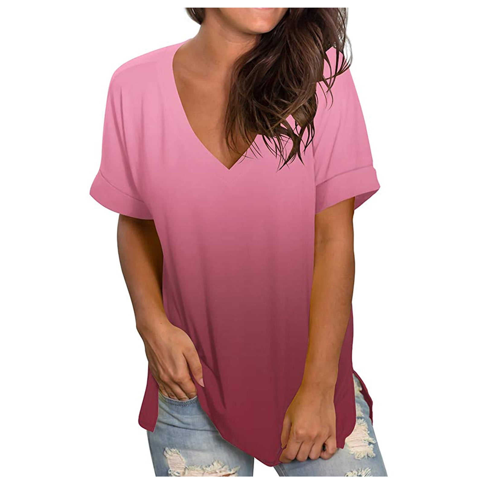 Difdany Women's V Neck T Shirts Casual Rolled Short Sleeve Side Split Summer Tops Loose Fit Wine ...