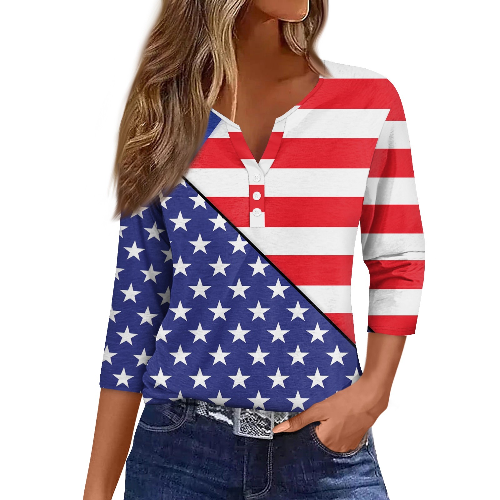 Difdany Women's V-neck Button Solid Color Round Dot Loose Short Sleeved ...