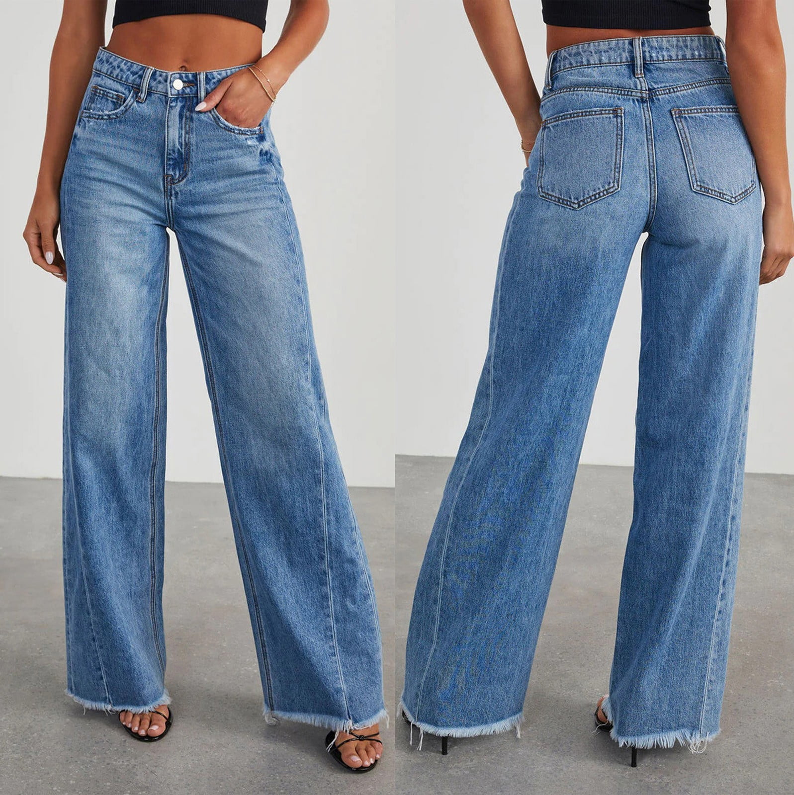 Difdany Women's Wide Leg Jeans High Waisted Strechy Hem Denim Pants ...