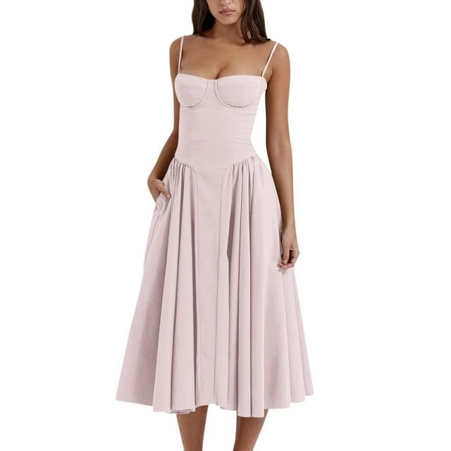 Difdany Womens Corset Dress Elegant Spaghetti Strap Bustier Midi Dress Flowy Pleated Hem Low Cut