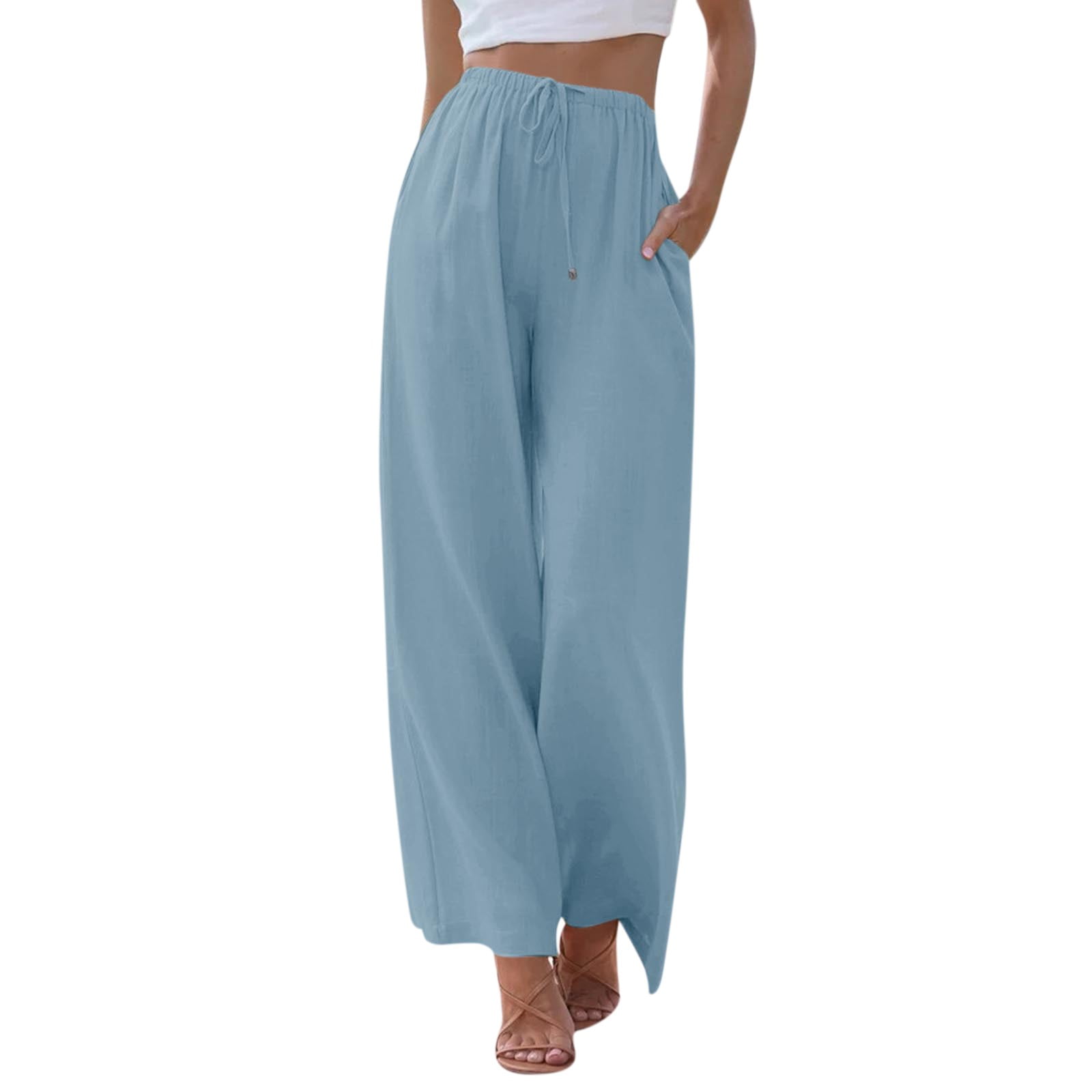 Difdany Womens Cotton Linen Palazzo Pants Drawstring Elastic Waist
