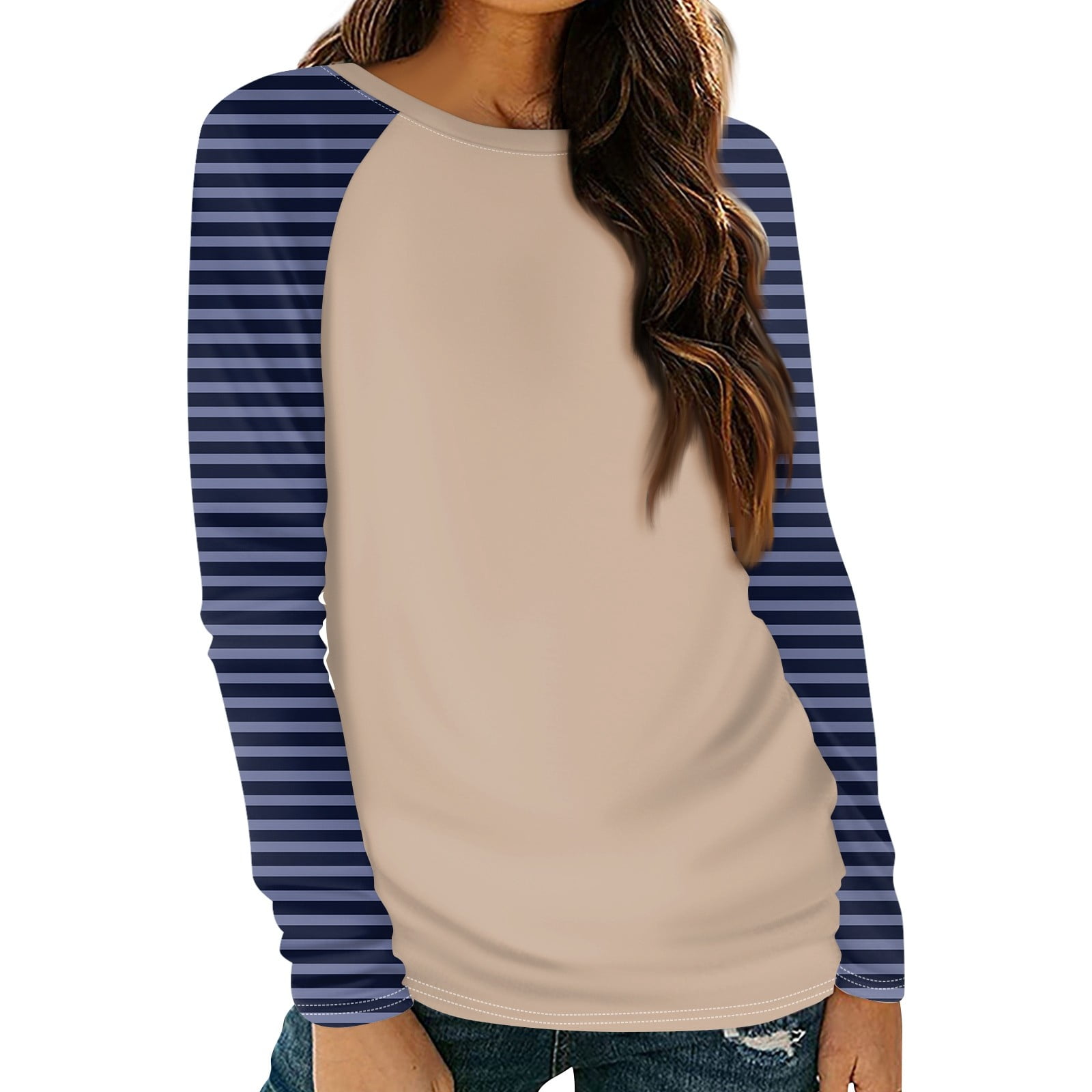 Difdany Womens Long Sleeve Round Neck Shirts Color Block Tee Fall Tops ...