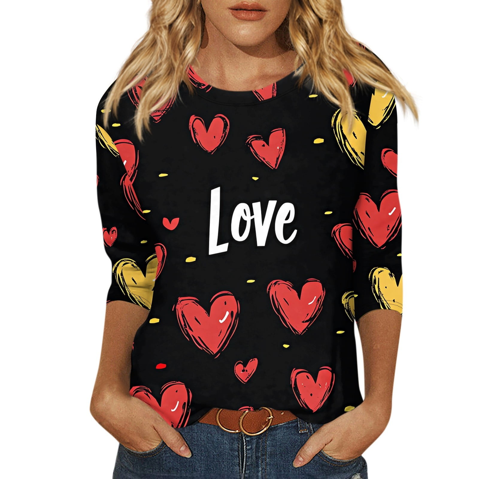 Difdany Womens Valentines Day Casual Tunic Shirt 3/4 Sleeve Heart Print ...