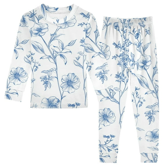 Different Blue Ink Flowers Cotton Pajama Set Long Sleeve Top and Pants ...