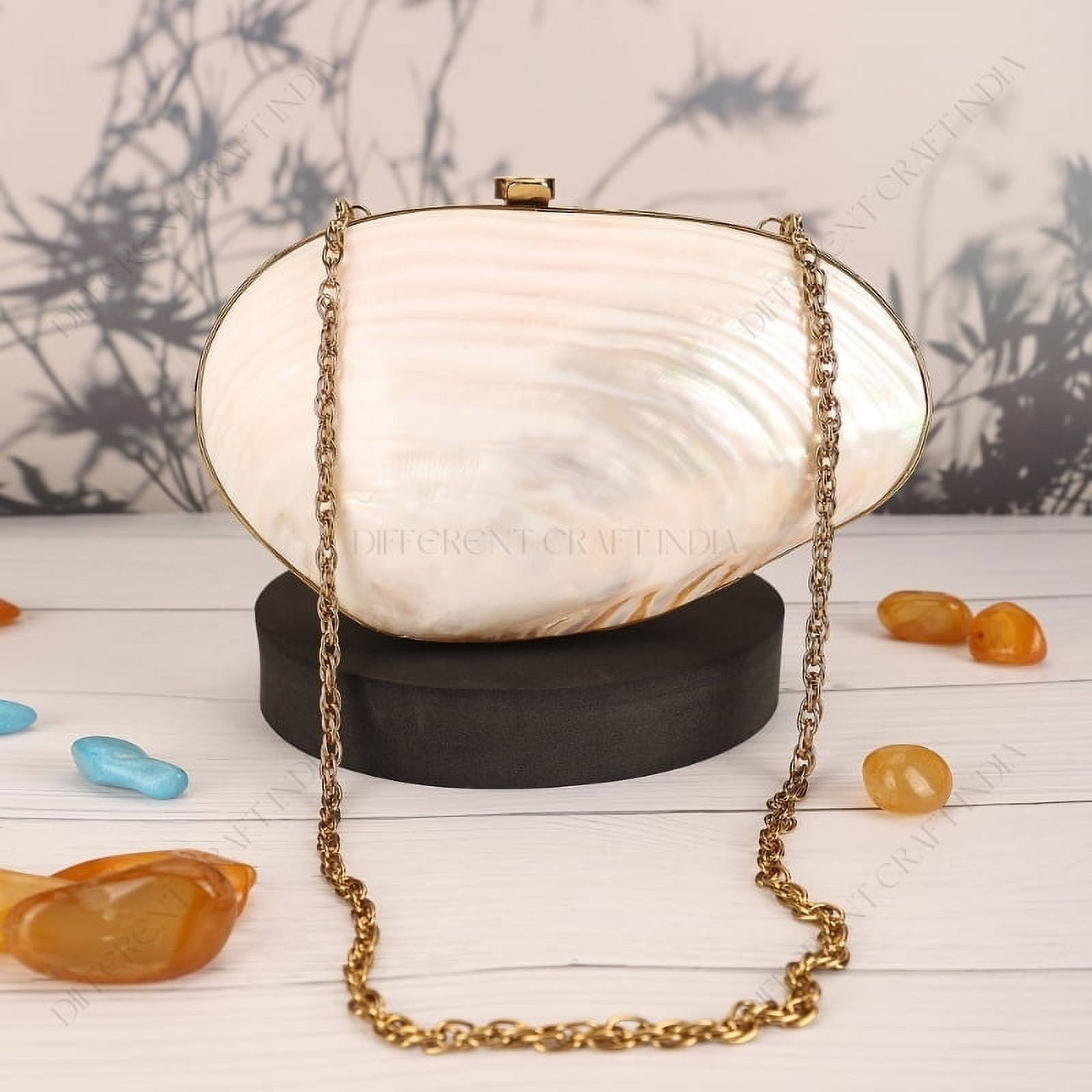 Different Craft India Pearl White Clam Shell Handbag with Hand Strap ...