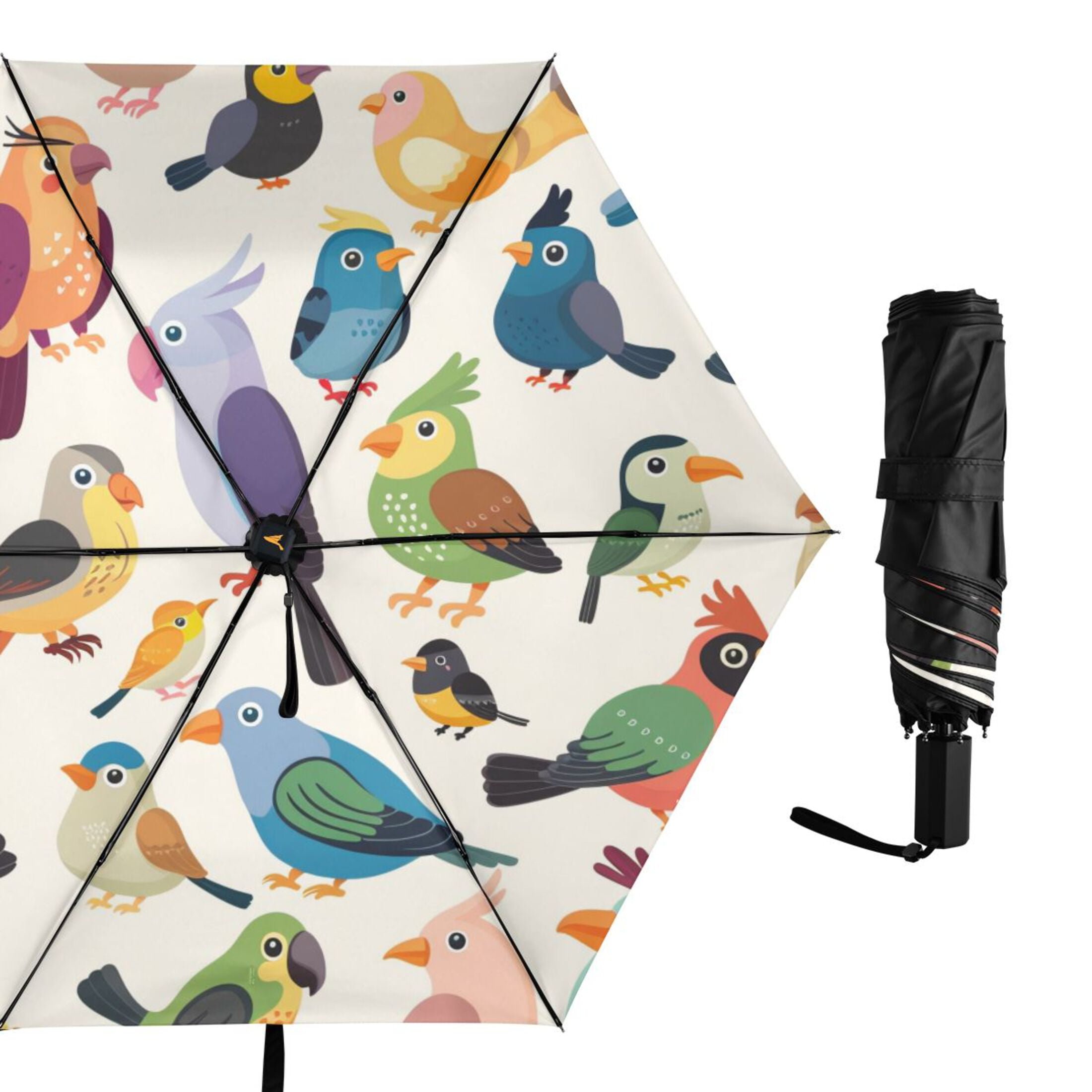 Different Kinds Of Birds Triple Folding Umbrella Parasol 6 Ribs UV ...