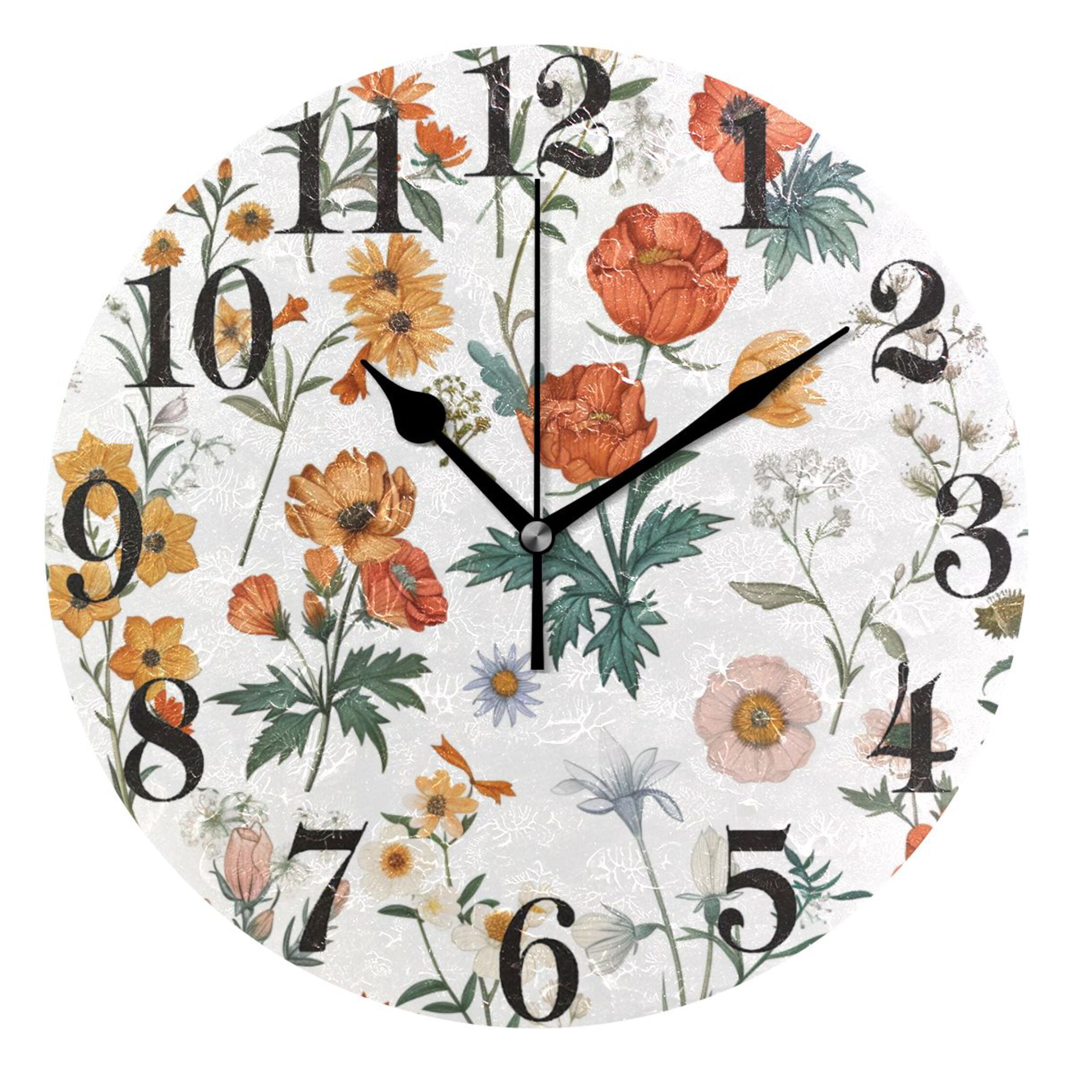 Different Wildflower Round Wall Clock Battery Operated Silent Non ...