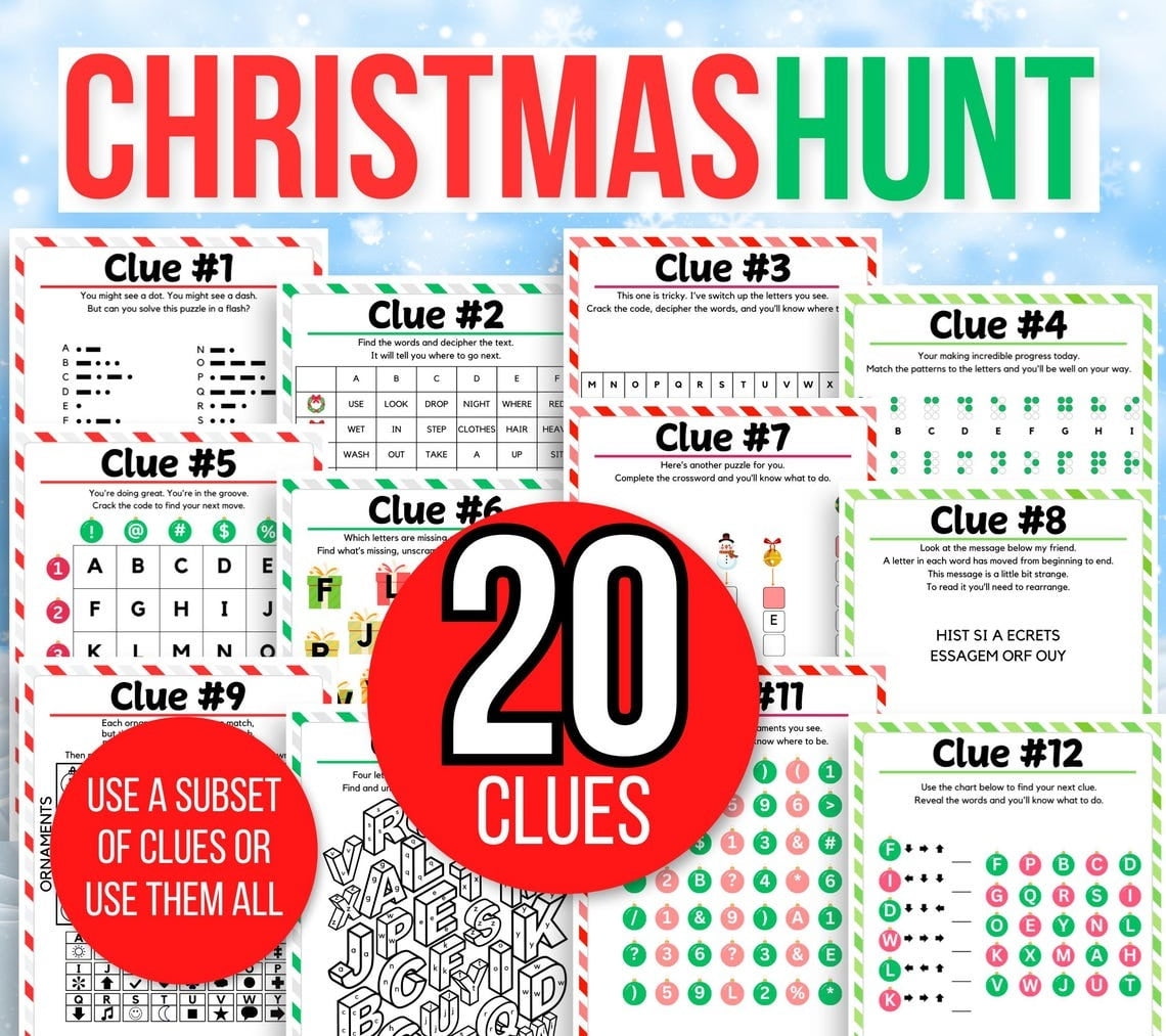 Difficult Christmas Treasure Hunt, Indoor Christmas Scavenger Hunt, 20 ...
