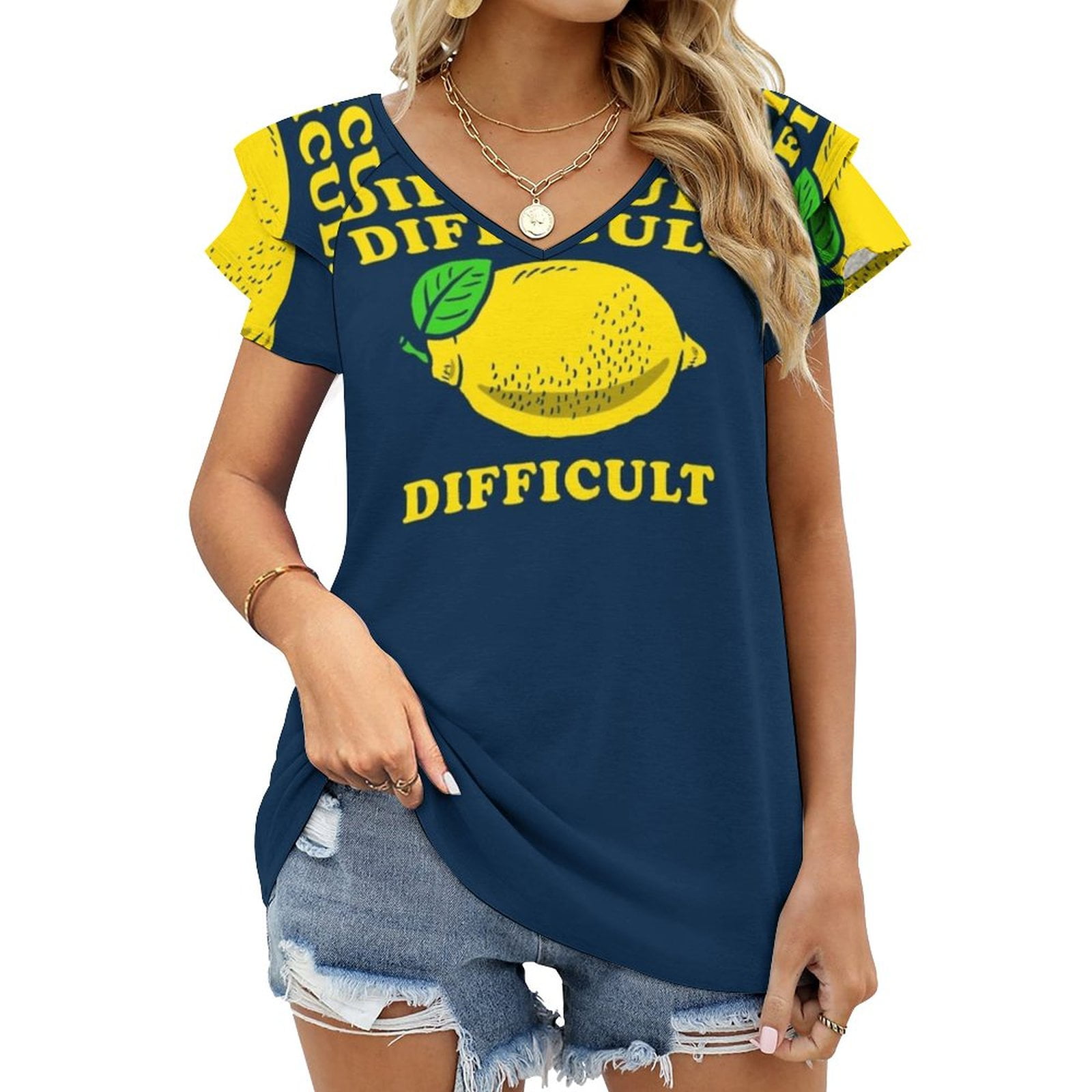 Difficult Difficult Lemon Difficult Ruffle Short Sleeve T-Shirt Women's ...