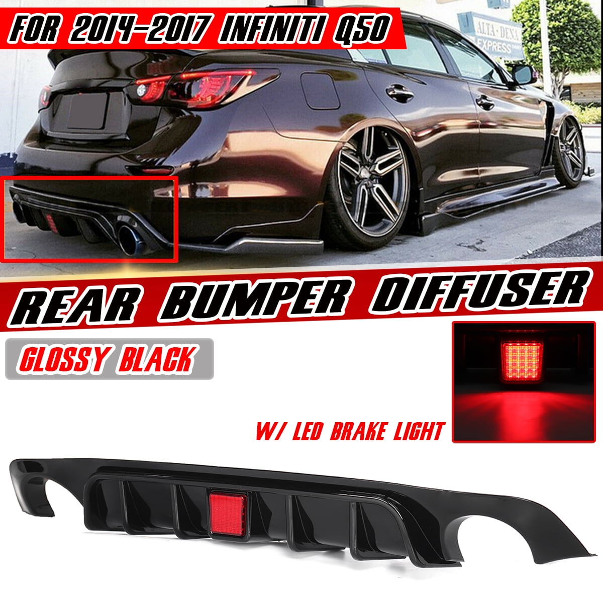 Diffuser Rear Bumper Shark Fin Spoiler LED Brake For Infiniti Q50 2014 ...