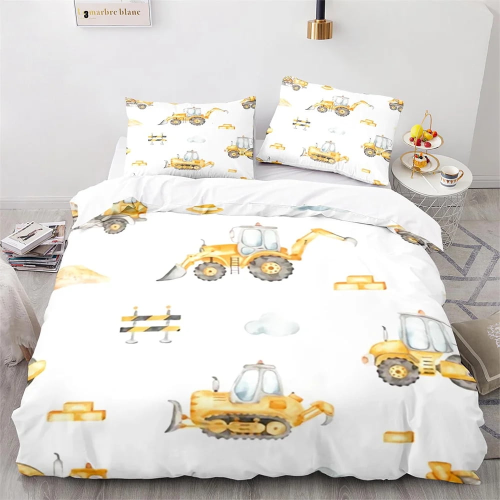 Digger Duvet Cover Set Cartoon Heavy Machinery Truck Crane Mixer ...