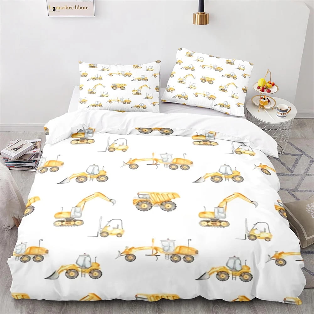 Digger Duvet Cover Set Cartoon Heavy Machinery Truck Crane Mixer ...