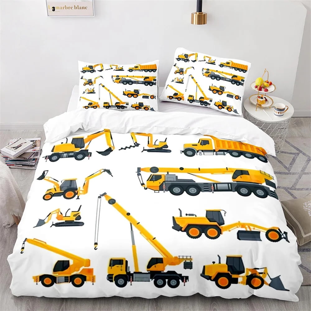 Digger Duvet Cover Set Cartoon Heavy Machinery Truck Crane Mixer ...