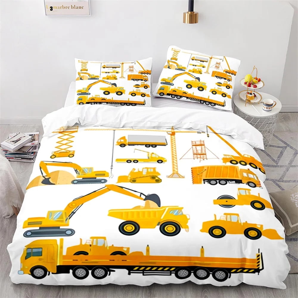 Digger Duvet Cover Set Cartoon Heavy Machinery Truck Crane Mixer ...