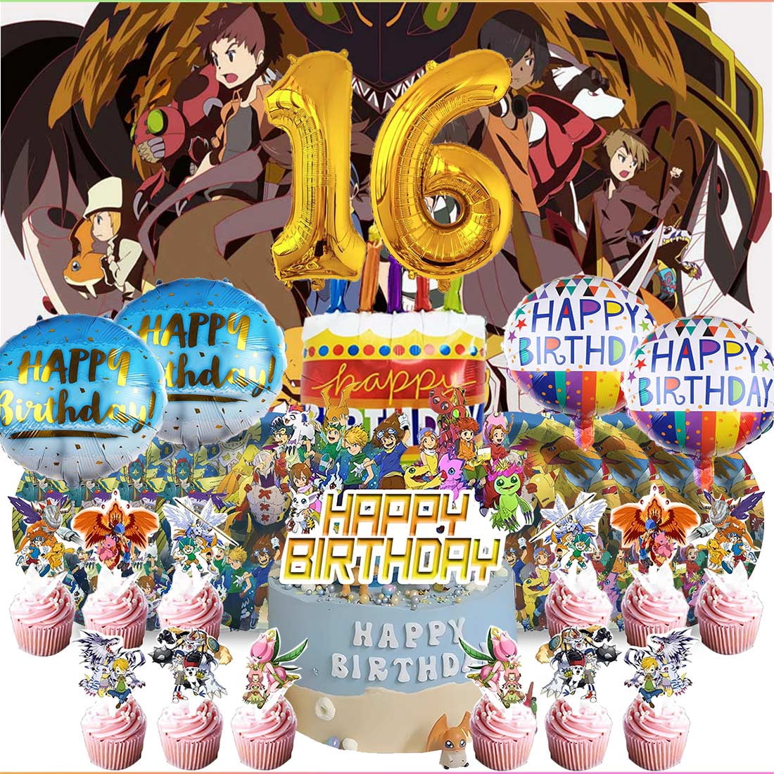Digimon Monster 16th Tableware Balloons Cake Toppers Backdrop Banner ...