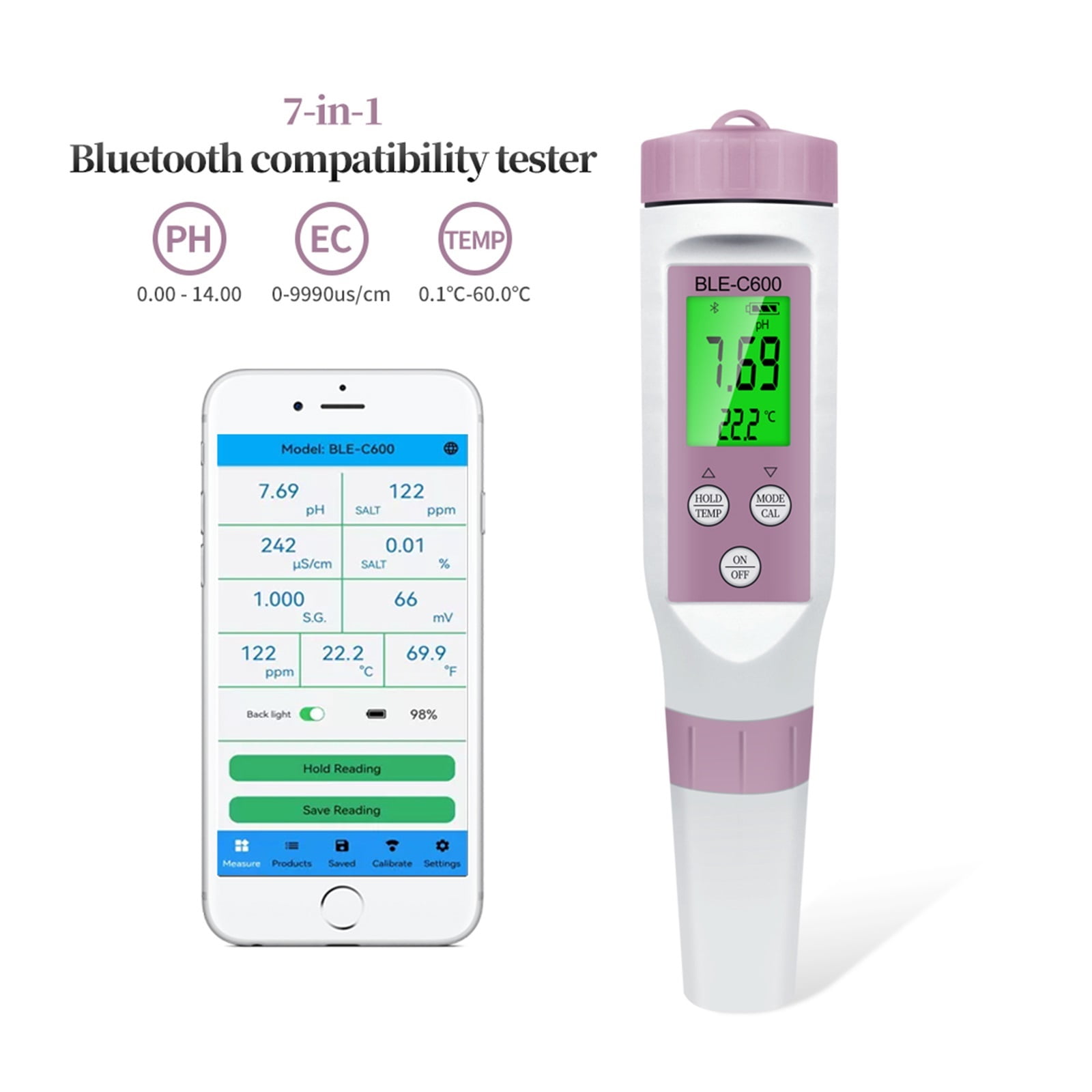 Digital 7 in 1 pH Meter PH/TDS/EC/ORP/Salinity /SG/TEMP Meter Water ...