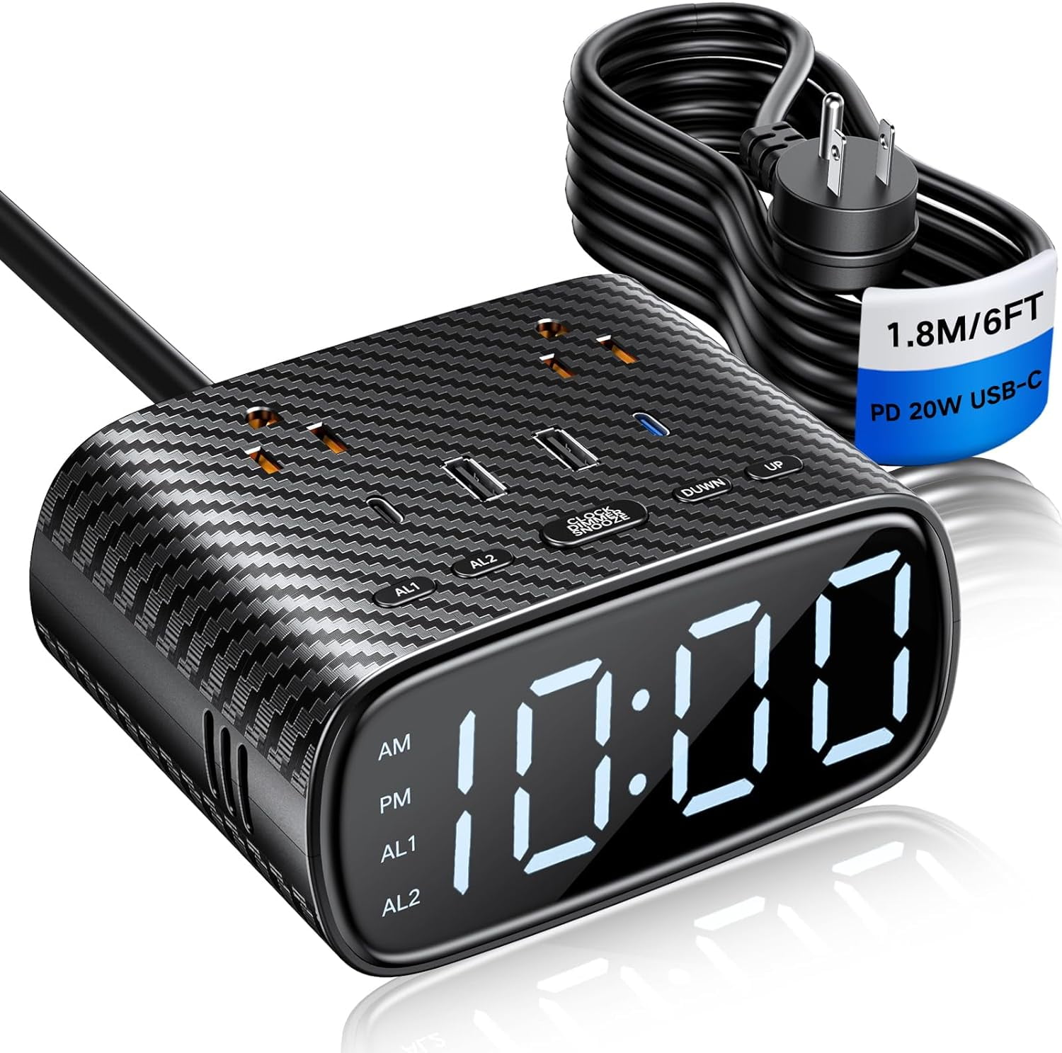 Digital Alarm Clock with 20W USB C Ports, Dual Alarm Clock Power Strip ...
