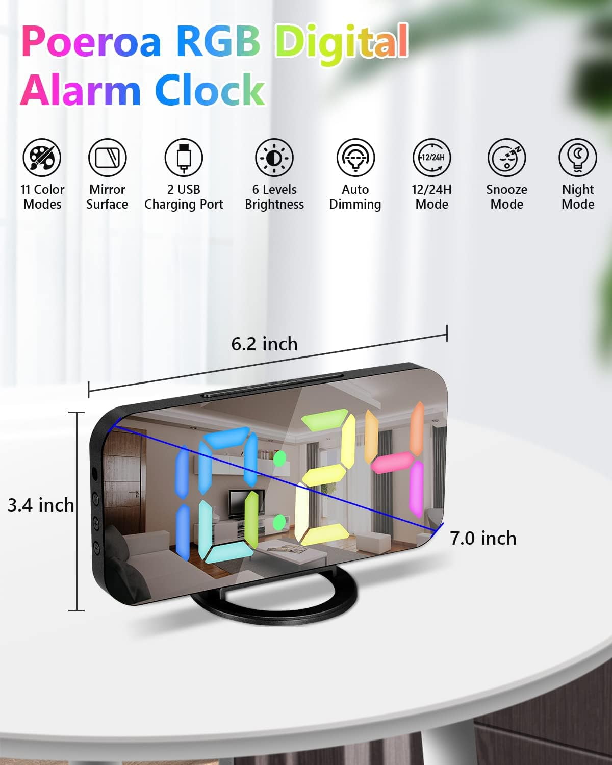 Digital Alarm Clock,7 Inch Led Rgb Clocks,With 11 Colorful Modes,Dual ...