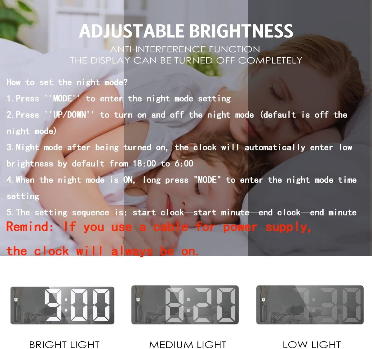 Digital Alarm Clock for Bedrooms with Large LED Display, Temperature Display, Adjustable ...