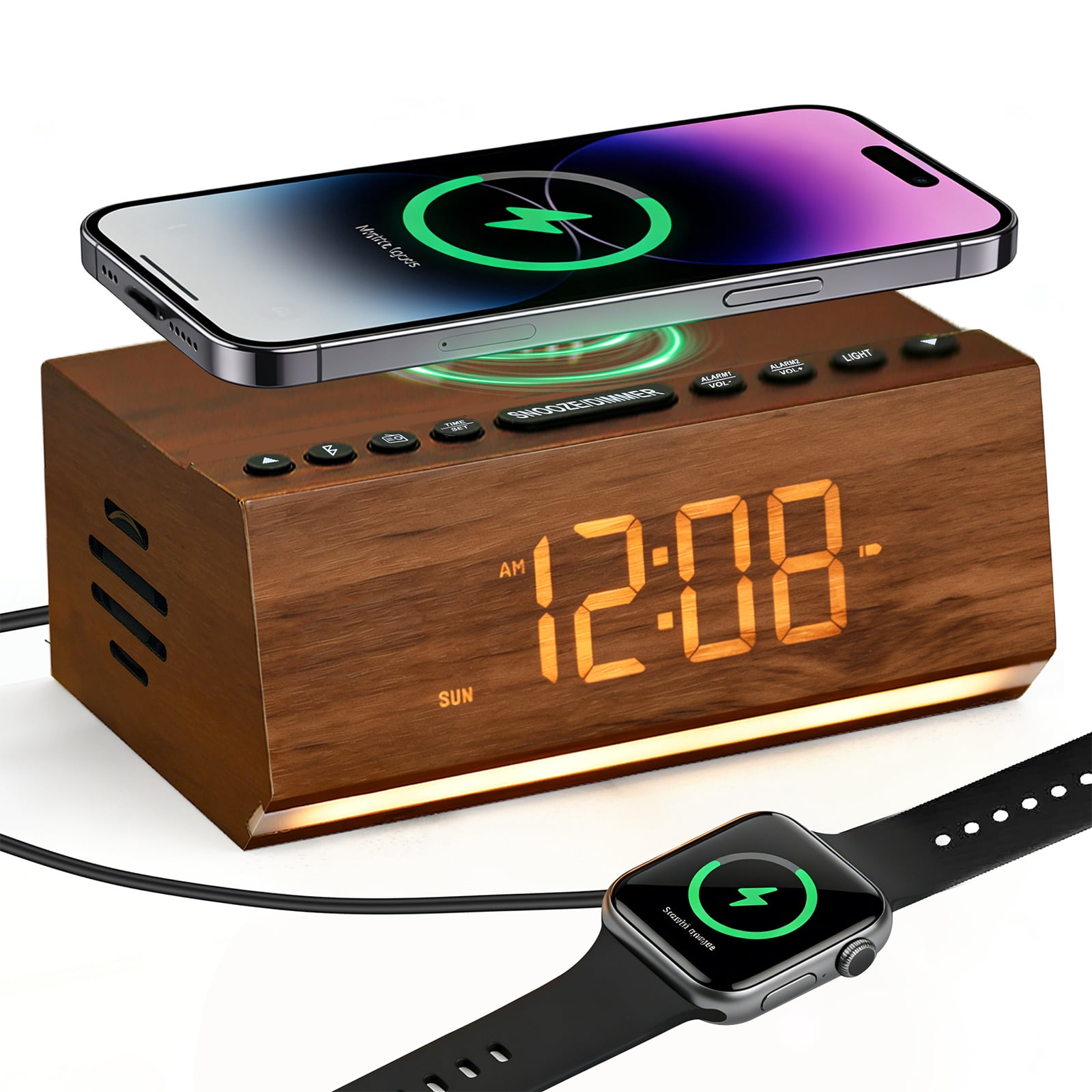 Wooden Digital Alarm Clocks with Wireless Charging, FM Radio, Bluetooth ...