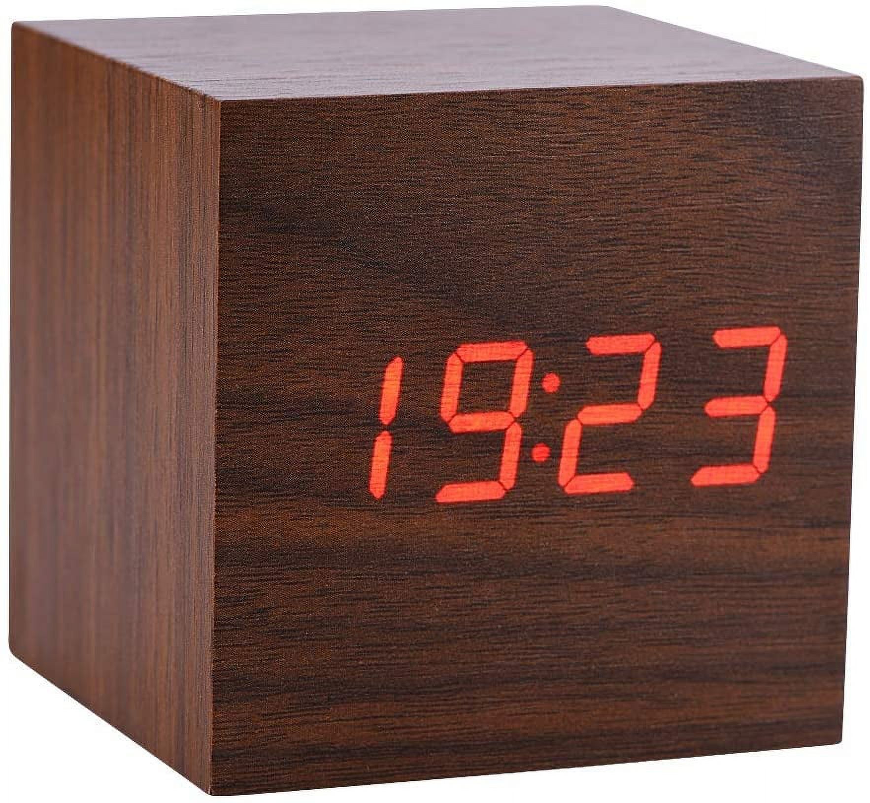 Digital Alarm Clock, LED Clock 3 Levels Brightness Modern Wooden Cube ...