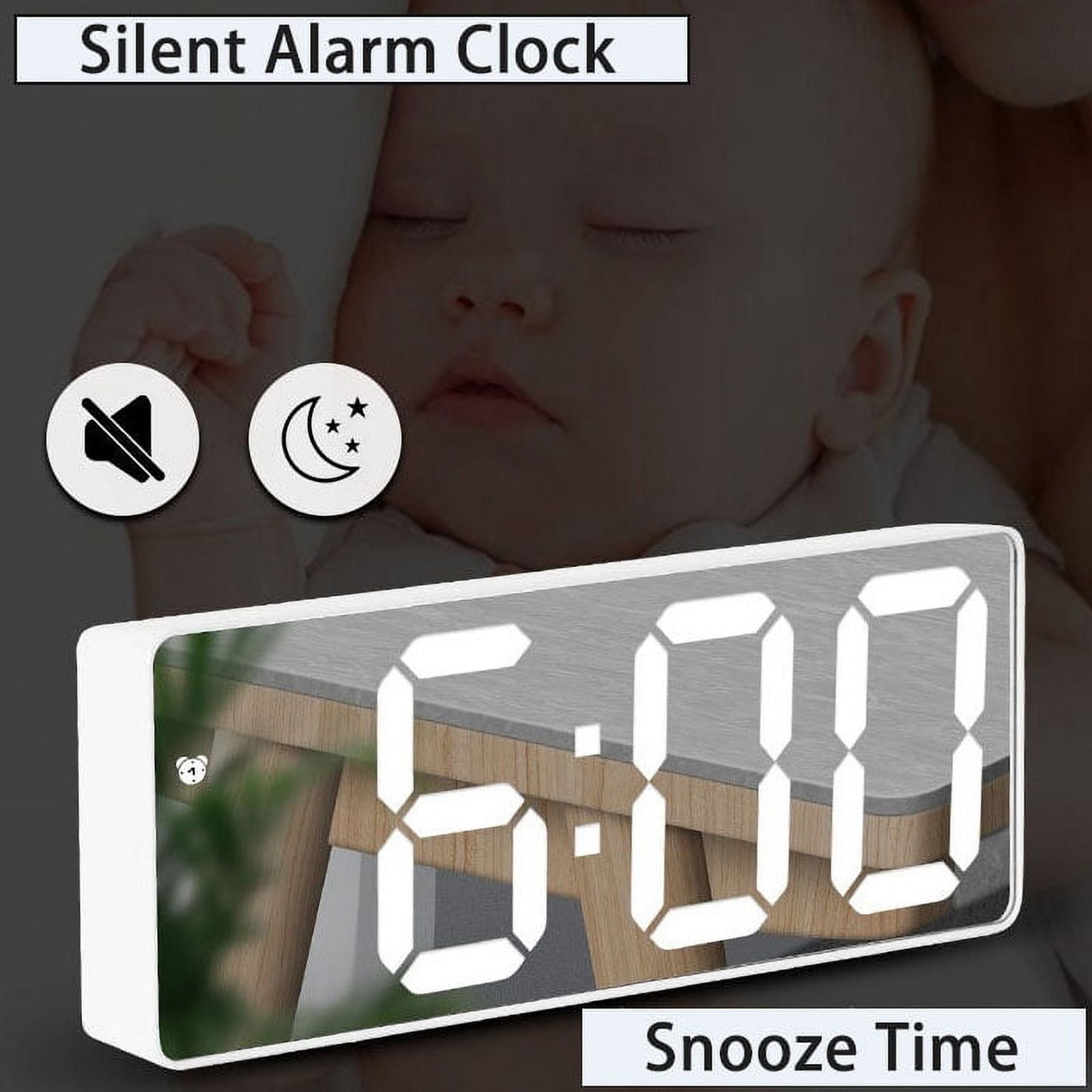 Digital Alarm Clock Night Light Thermometer Display Mirror Lamp Usb ...