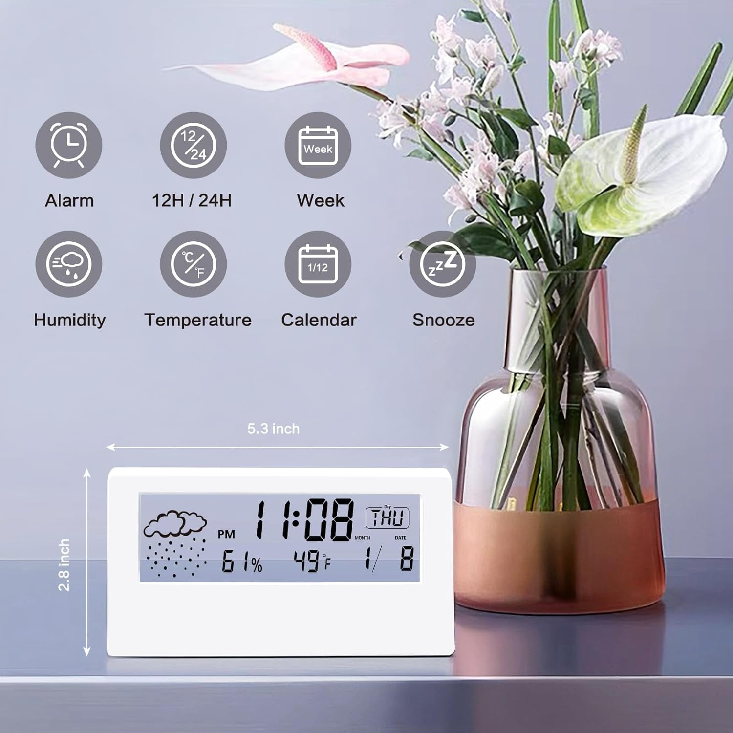 Digital Alarm Clock, Transparent Modern Design, Temperature, Humidity ...