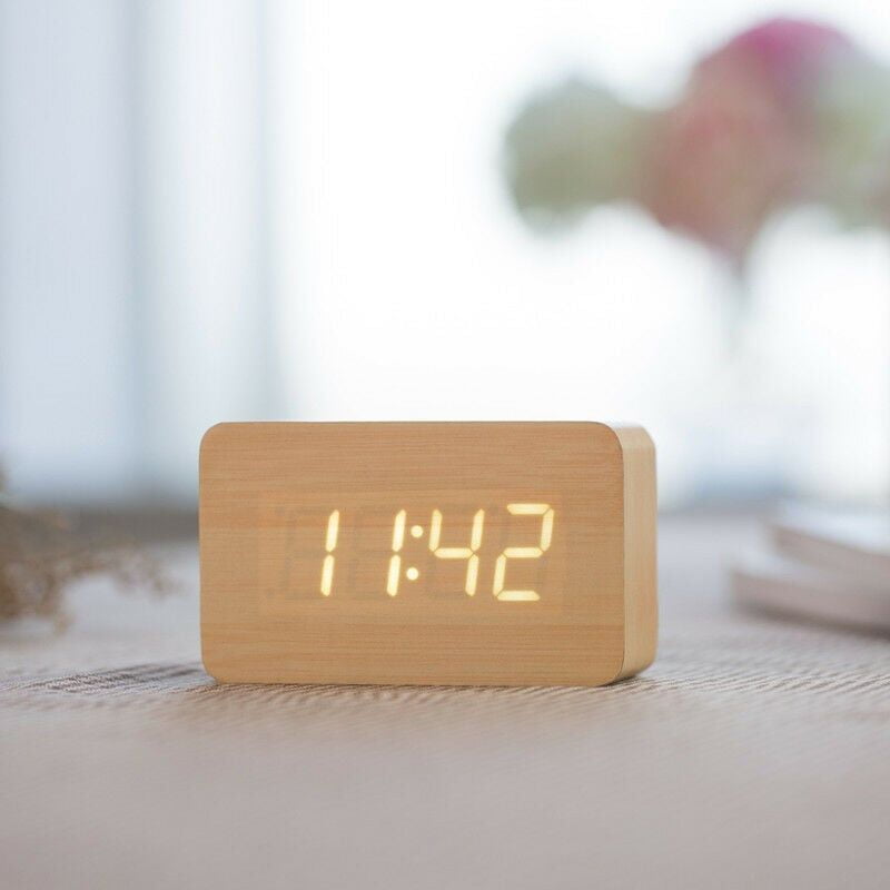 Digital Alarm Clock Wood Adjustable Brightness Voice Control LED Clock ...
