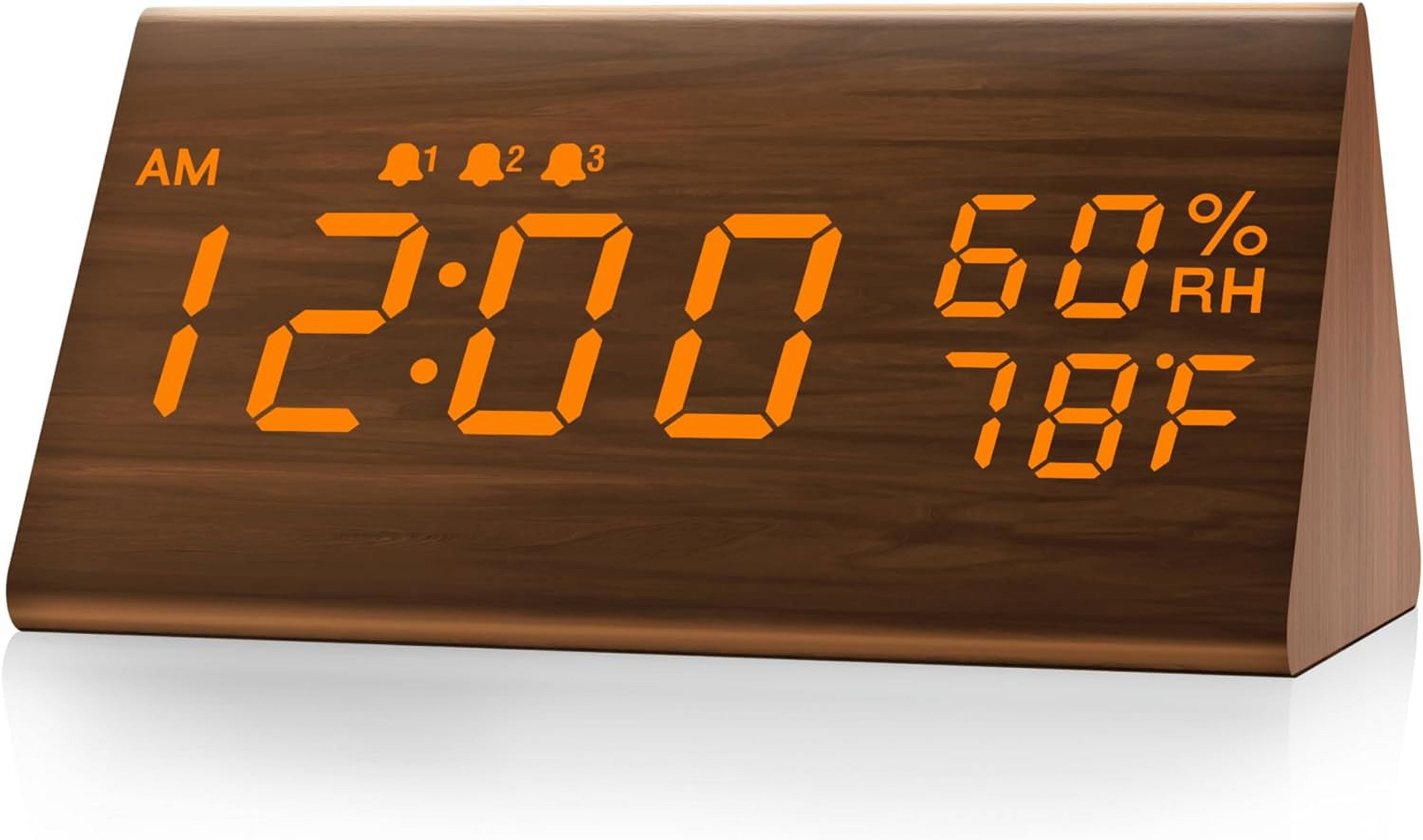 Digital Alarm Clock, with Wooden Electronic LED Time Display, 3 Alarm Settings, Humidity ...