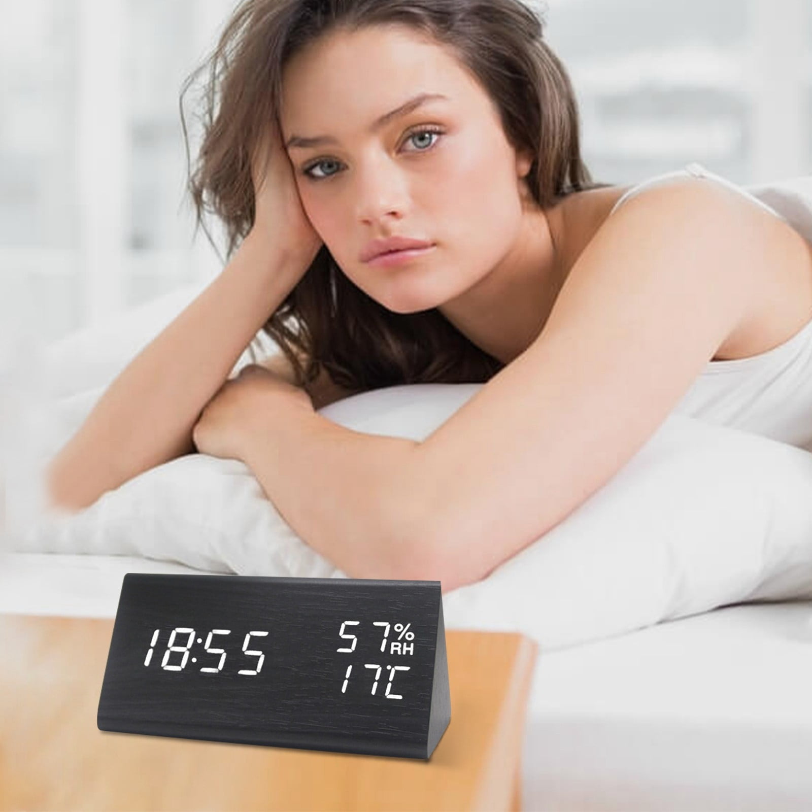 Digital Alarm Clock, with Wooden Electronic LED Time Display, 3 Alarm Settings, Humidity ...