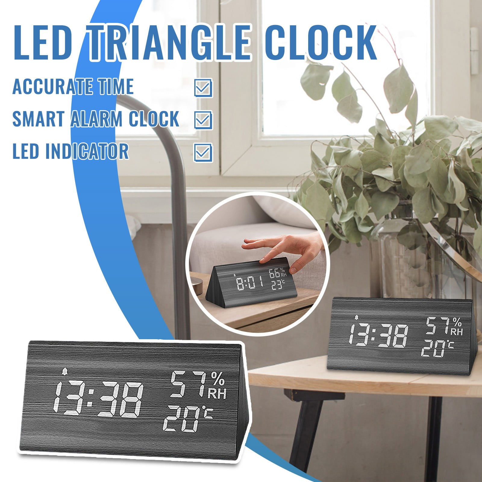 Digital Alarm Clock, with Wooden Electronic LED Time Display, 3 Alarm ...