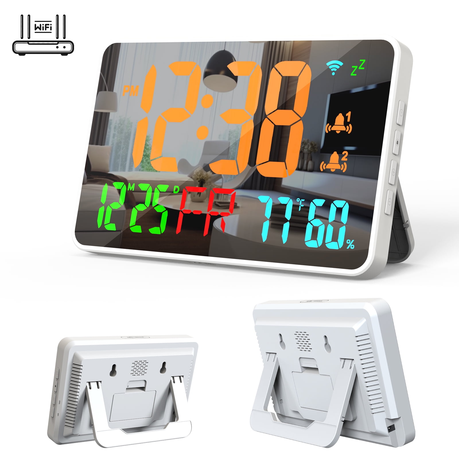 Digital Alarm WiFi Clock, Large 7.5" LED Mirror Clock with Dual Alarm ...