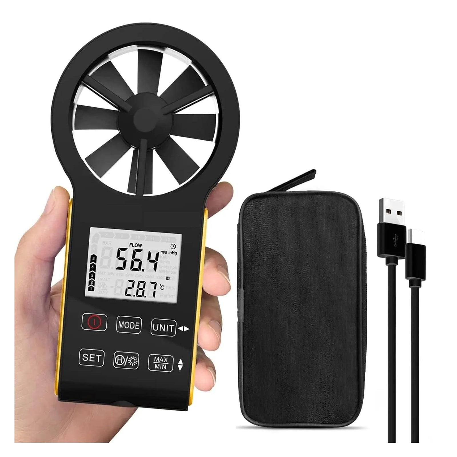 Digital Anemometer, CFM Rechargeable Waterproof Anemometer Measures ...