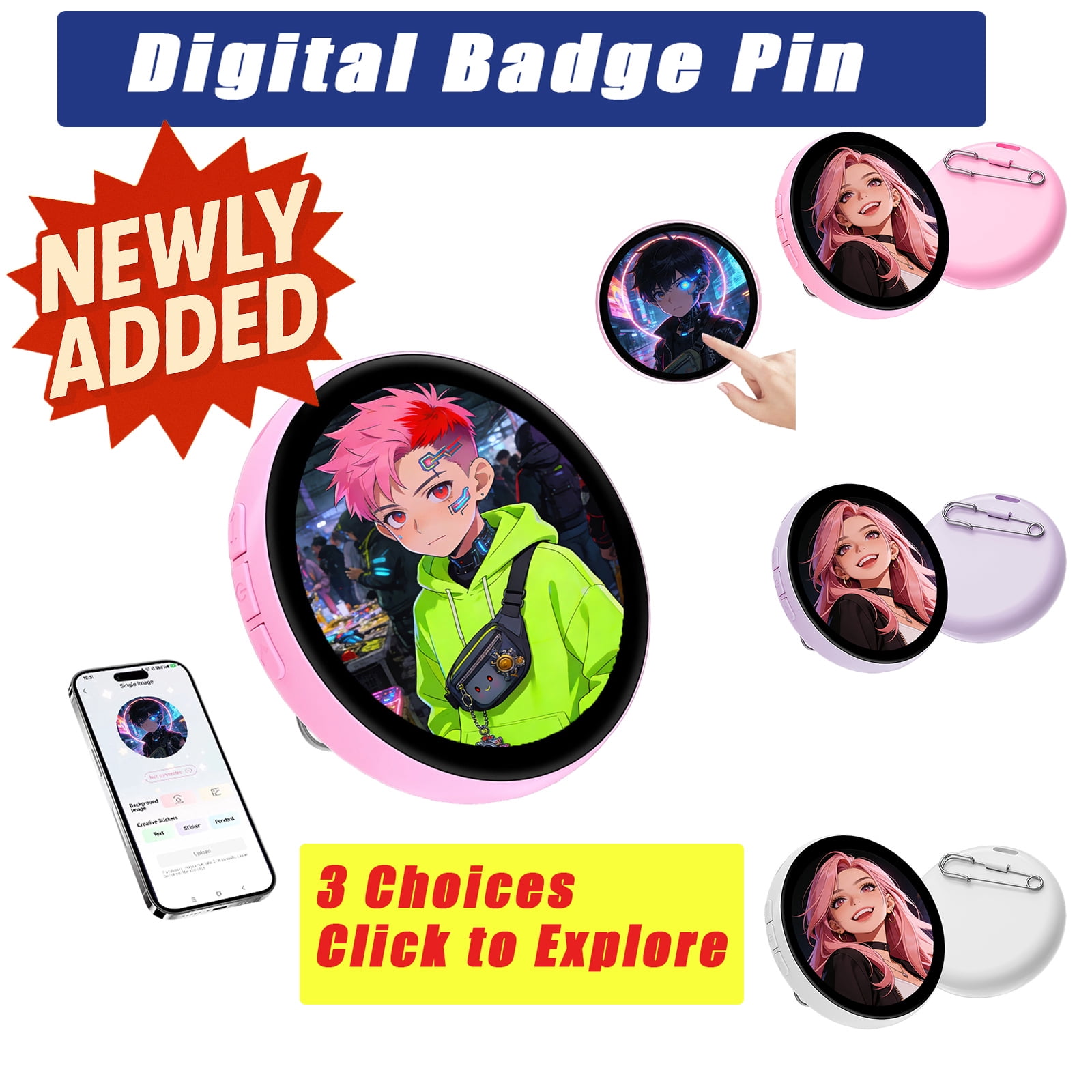 Digital Badge Pin,High-Definition 2-inch Touchscreen,Customizable Anime ...