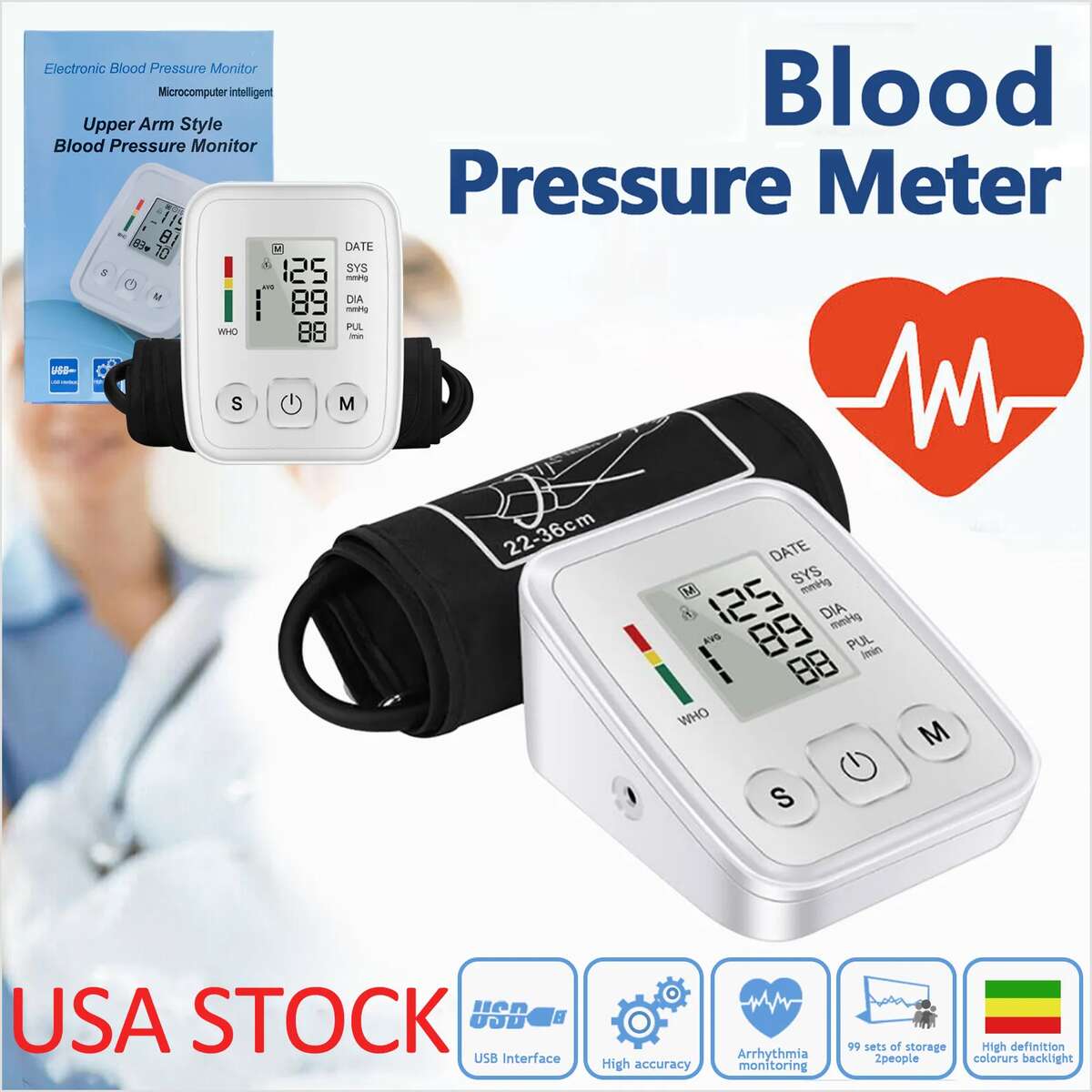 Digital Blood Pressure Monitor Cuff BP Pulse Meter Automatic Heart Rate ...