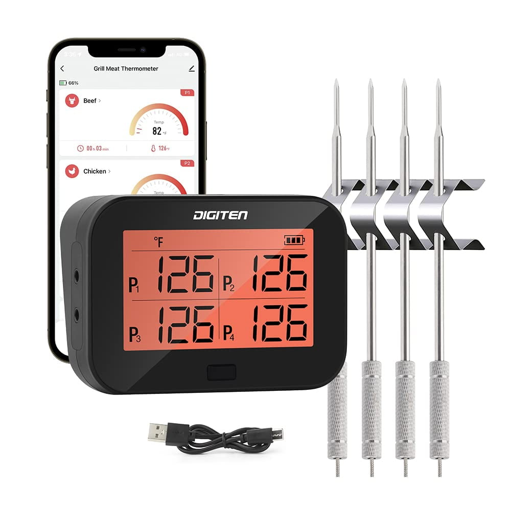 Bluetooth BBQ Grill Thermometer, 4 Probes, Instant-Read, Temp Alarm ...