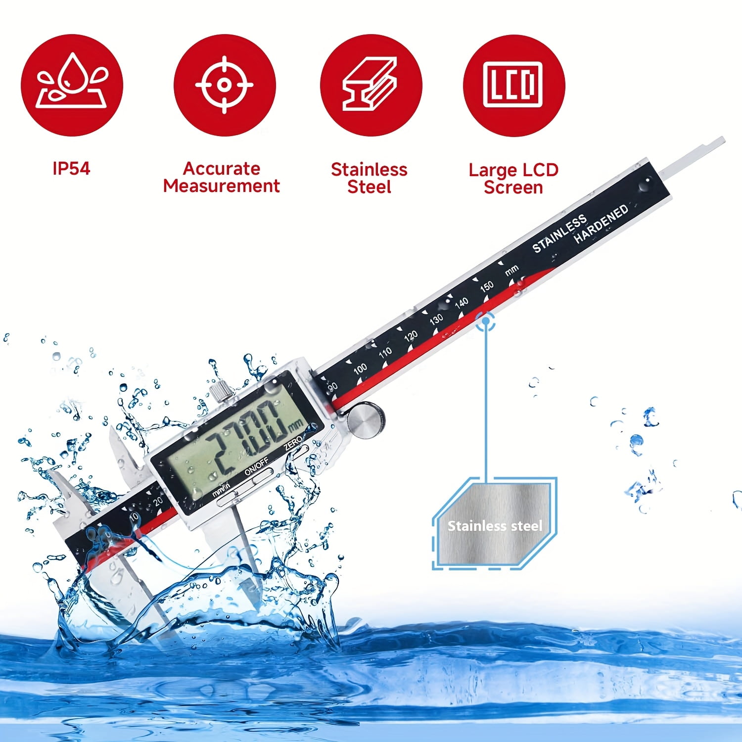 Digital Caliper, IP54 Stainless Steel Caliper Measuring Tool, Vernier ...