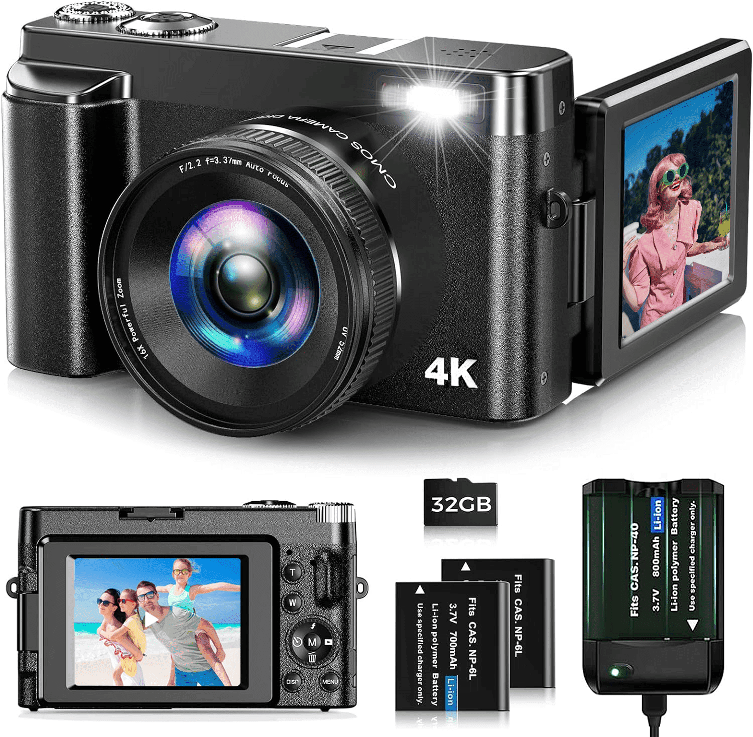 4K 48MP Digital Camera for Youtube Vlogging, 16X Zoom, Wi-Fi, Includes ...