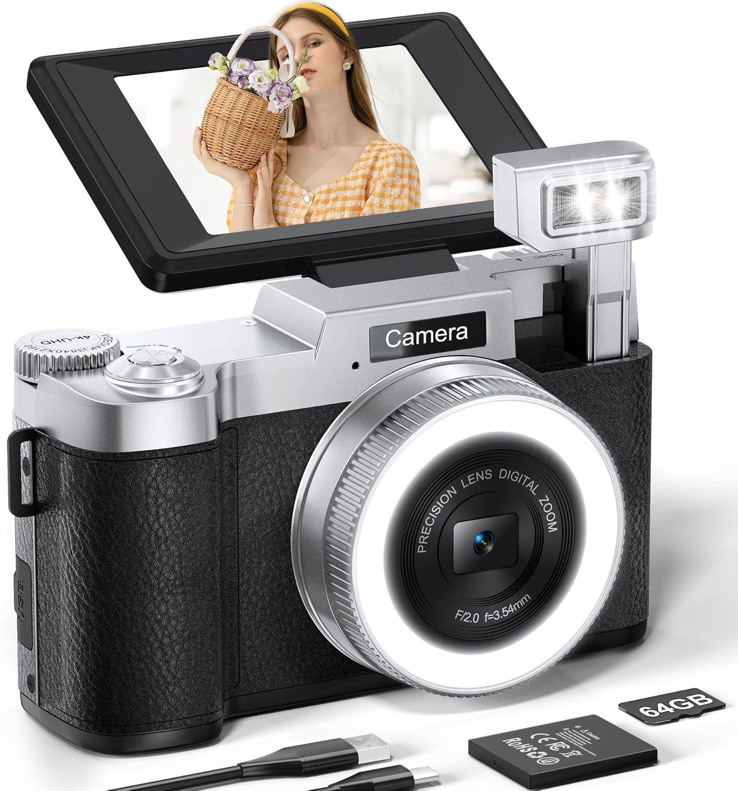 Digital Camera, 4K 64MP Cameras for Photography with 64GB Card, 18X ...