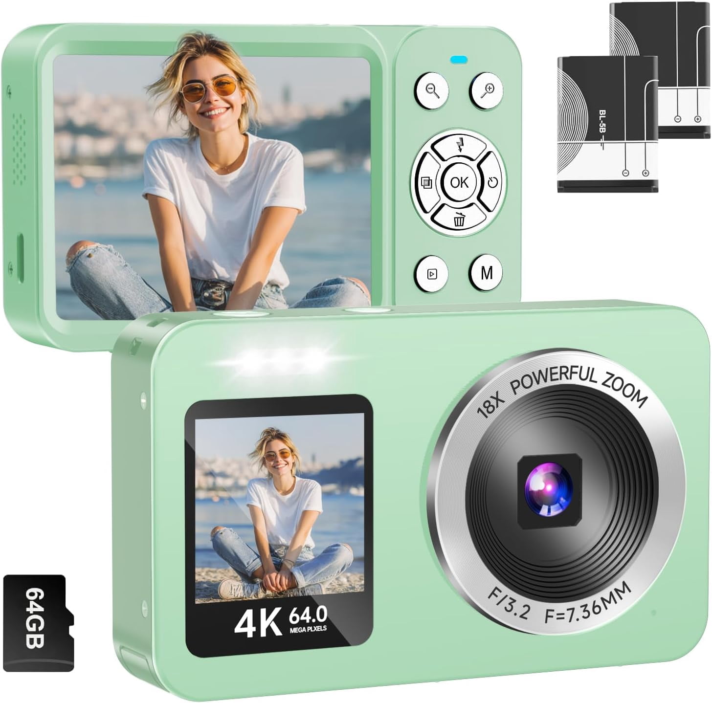 Digital Camera, 4K 64MP UHD Dual Screens Camera, 18X Zoom, Portable ...